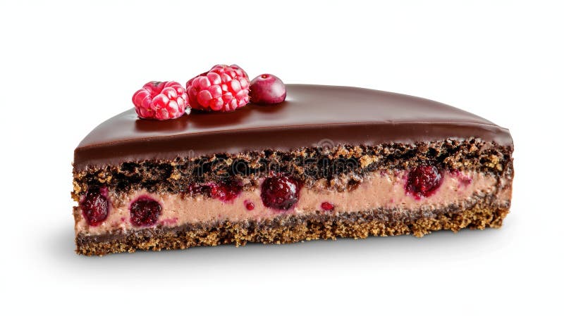A Slice of Chocolate Cake with Raspberry Filling and Raspberries on Top ...