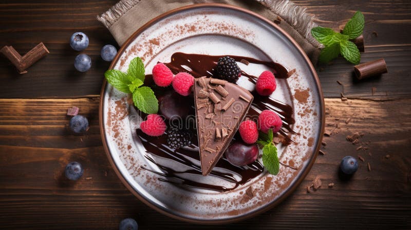 Slice of Chocolate Cheesecake on Plate, Above View Over a Rustic Wood ...