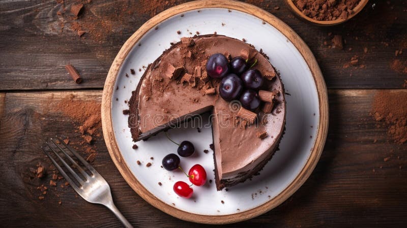 Slice of Chocolate Cheesecake on Plate, Above View Over a Rustic Wood ...