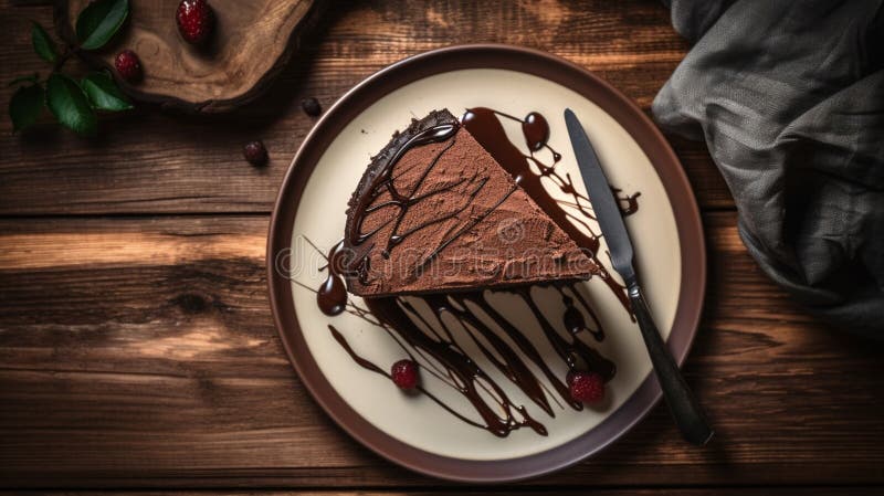 Slice of Chocolate Cheesecake on Plate, Above View Over a Rustic Wood ...