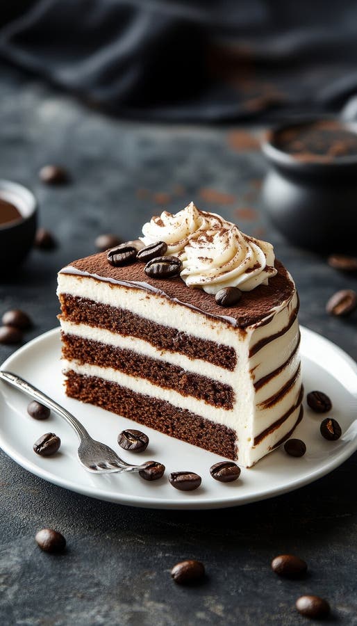 Slice of Chocolate Espresso Layer Cake with Coffee Bean Garnish ...