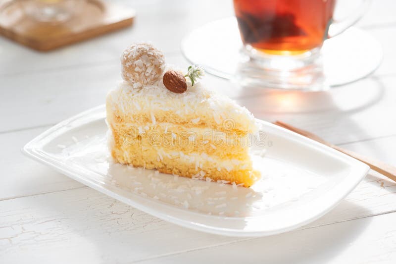 Slice of Coconut Cake with Afternoon Tea Stock Photo - Image of dessert ...