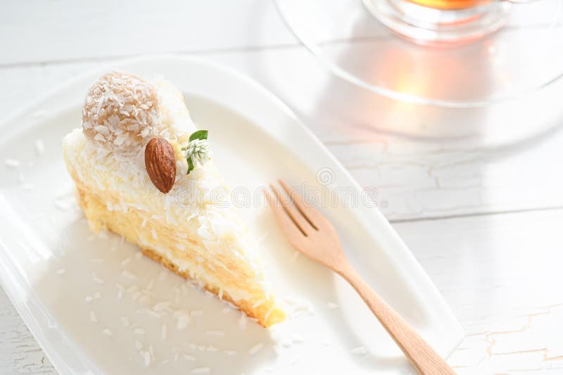 Slice of Coconut Cake with Afternoon Tea Stock Image - Image of baked ...