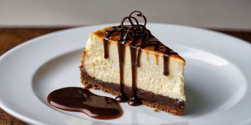 Slice of Creamy Cheesecake with Chocolate Drizzle on White Plate. Stock ...