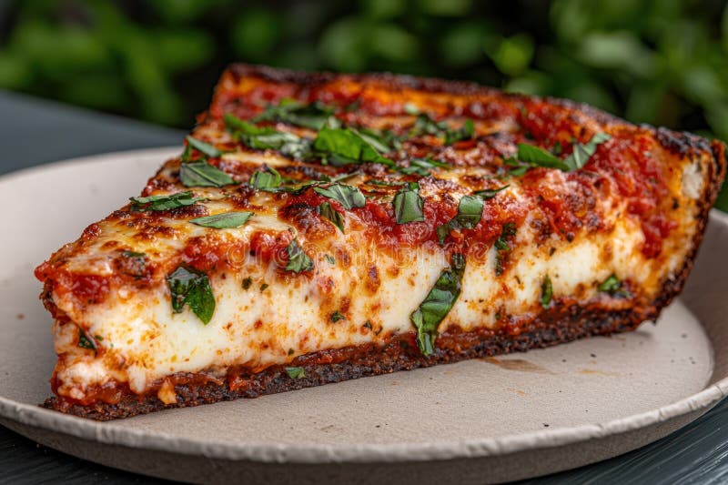 A Slice of Deep Dish Pizza with Basil on a Plate. Stock Illustration ...