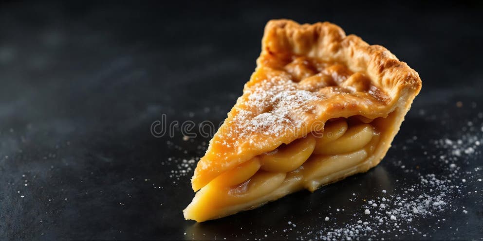 Slice of Delicious Apple Pie with Powdered Sugar on Black Background ...