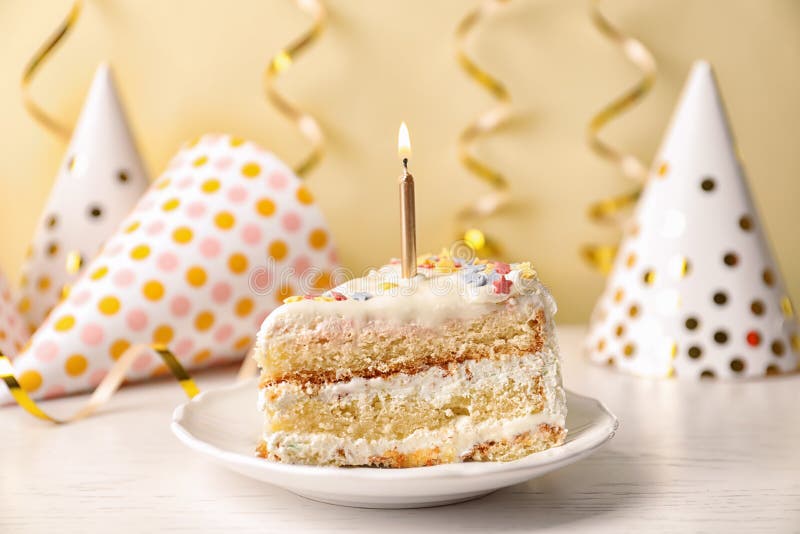 Slice of Delicious Birthday Cake with Candle Stock Image - Image of ...