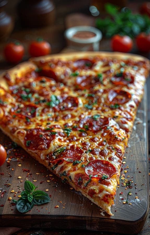 Slice of Delicious Cheesy Pepperoni Pizza on Cutting Board Stock Photo ...