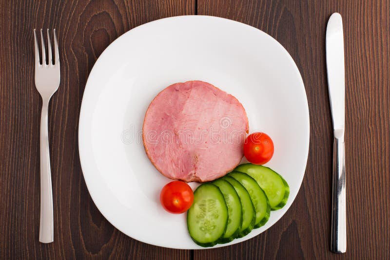 Slice of Delicious Ham on Plate Stock Photo - Image of green, beef ...