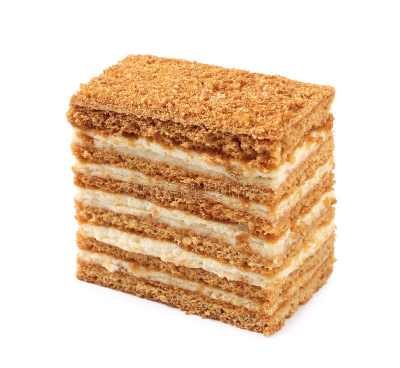Slice of Delicious Layered Honey Cake Isolated on White Stock Image ...