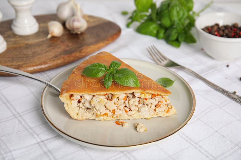 Slice of Delicious Meat Pie with Basil on Table Stock Image - Image of ...