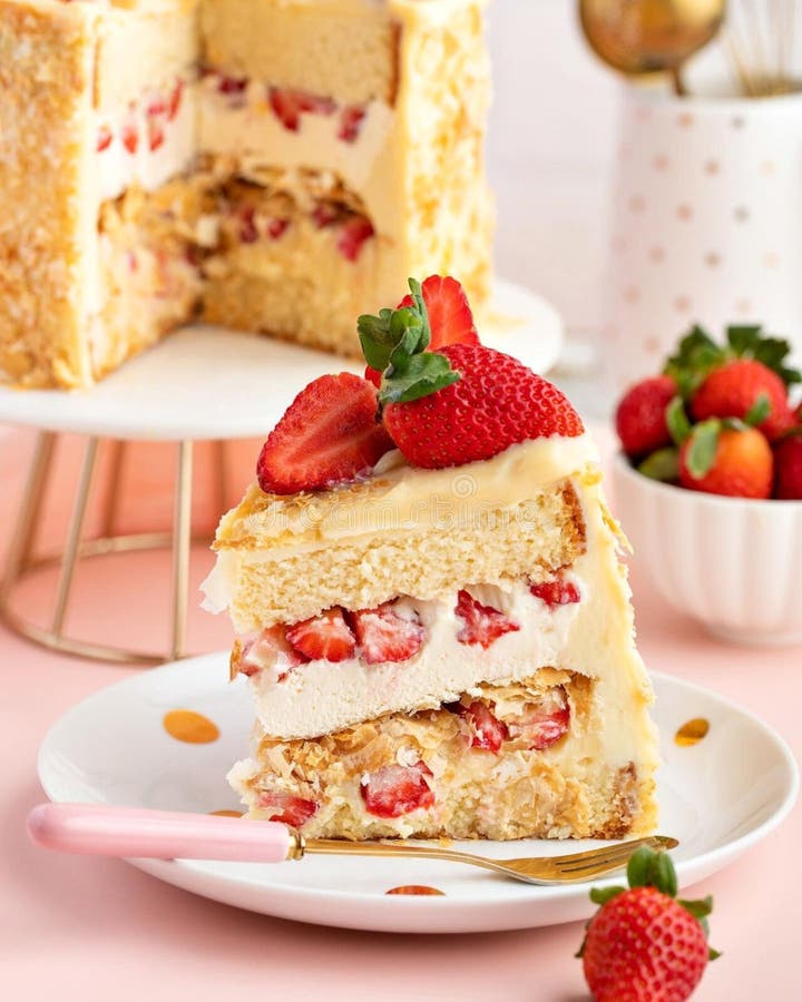 A Slice of Delicious Strawberry Cake with Red Strawberry Topping Stock ...
