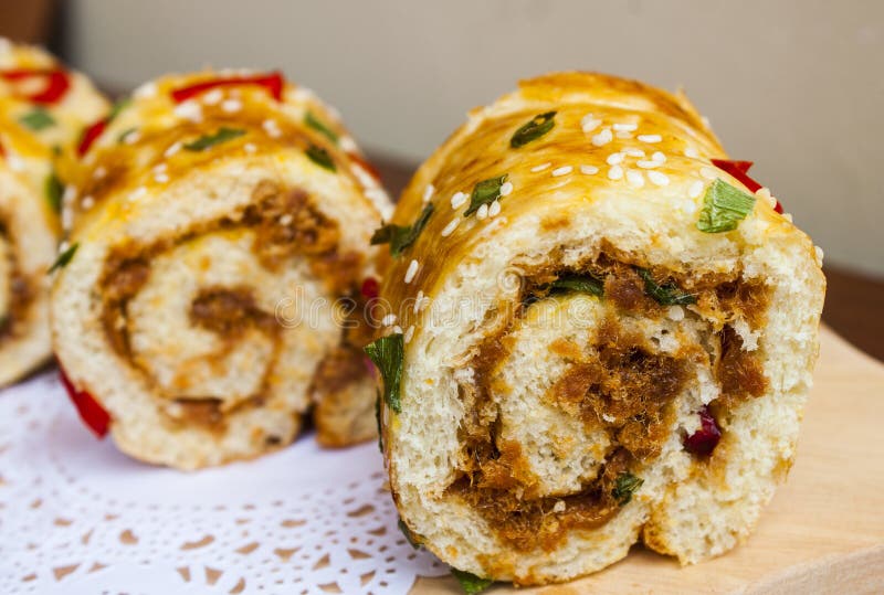 Slice of Floss Roll Chicken Bread Stock Image - Image of chicken, slice ...