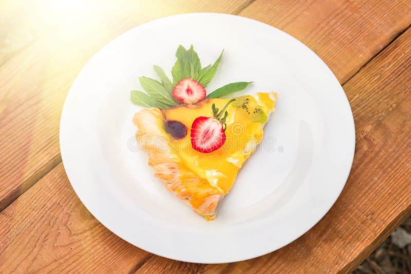 Slice of Fruit Pizza with Strawberries and Mint Stock Photo - Image of ...