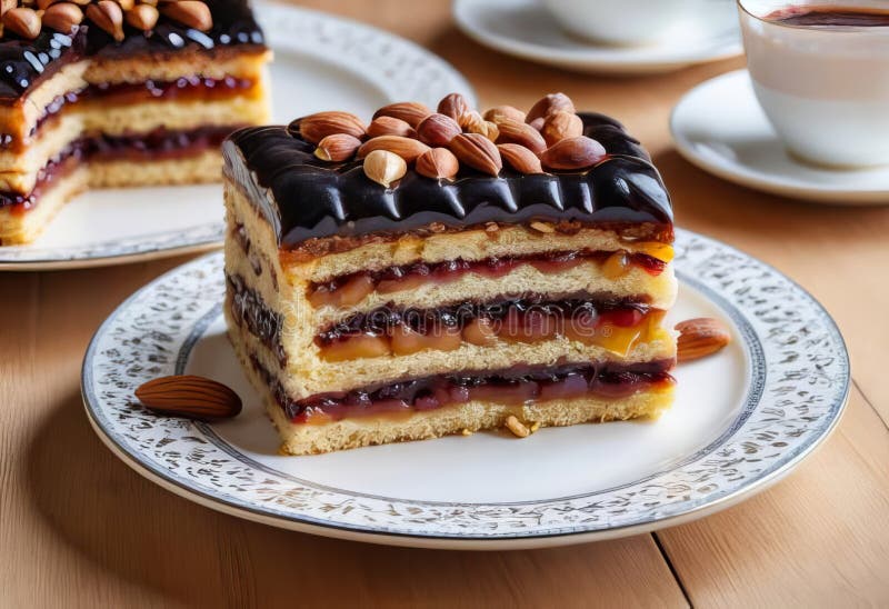 A Slice of Gerbeaud Cake with Layers of Jam, Nuts, and Chocolate Glaze ...