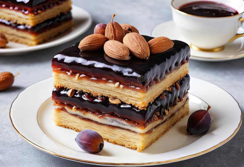A Slice of Gerbeaud Cake with Layers of Jam, Nuts, and Chocolate Glaze ...
