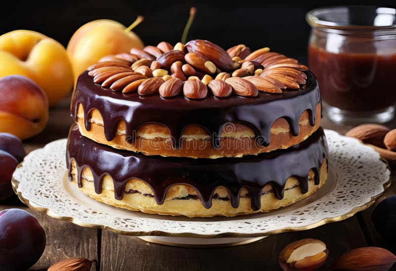 A Slice of Gerbeaud Cake with Layers of Jam, Nuts, and Chocolate Glaze ...