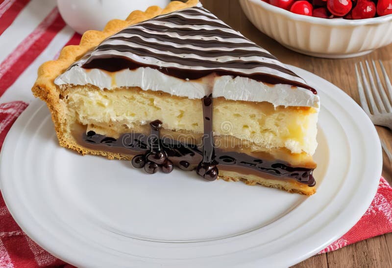 A Slice of German Pie with Whipped Cream, Biscuits, and Chocolate Syrup ...