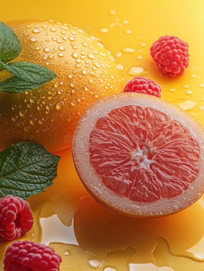Slice of Grapefruit is on a Table with a Few Raspberries Stock Photo ...