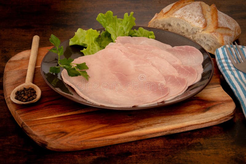 Slice of Ham in a Plate on a Wooden Stock Image - Image of plate, wood ...