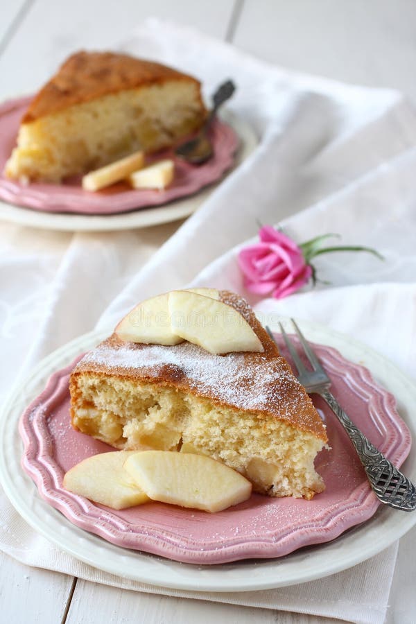 Slice of Homemade Apple Sponge Cake on Pink Plate Stock Image - Image ...