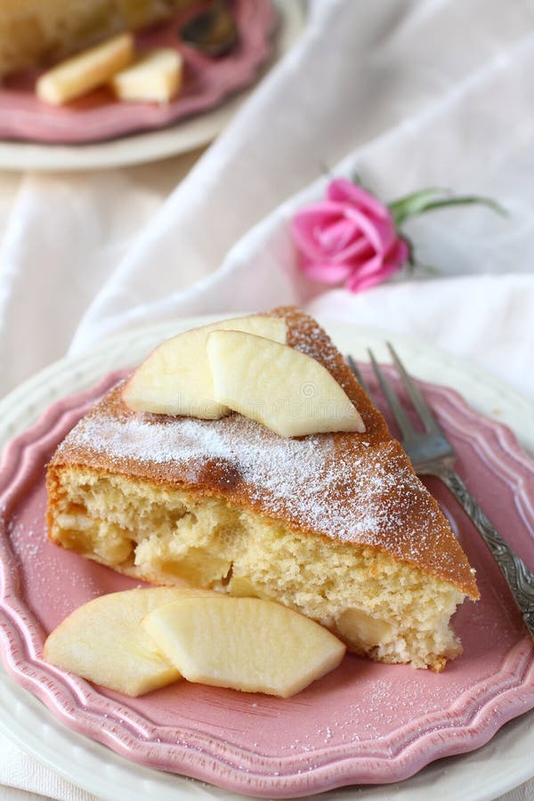 Slice of Homemade Apple Sponge Cake on Pink Plate Stock Image - Image ...