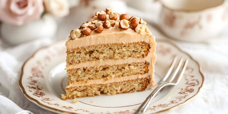 Slice of Layered Cake with Hazelnut Topping on Decorative Plate with ...
