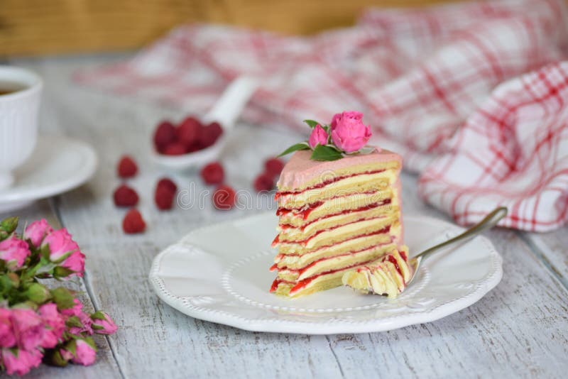 Slice of Layered Creamy Fruit Cake. Raspberry Layer Cake Stock Image ...
