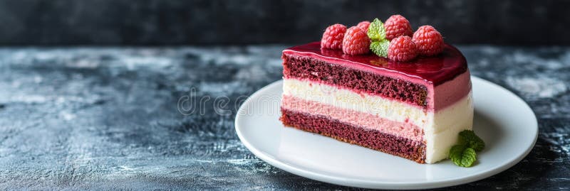 Slice of Layered Raspberry Cream Cake with Fresh Berries on White Plate ...