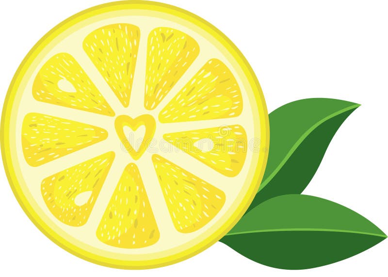 Slice of Lemon with Heart and Green Leaves Stock Vector - Illustration ...