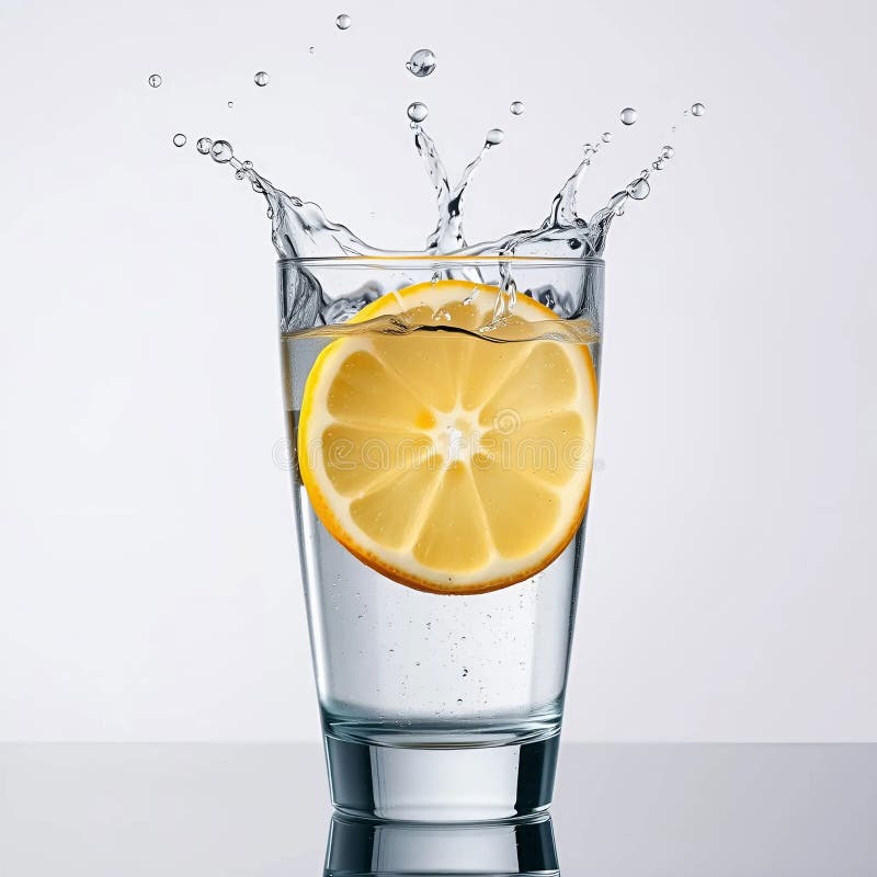 A Slice of Lemon Splashes into a Glass of Water, with Water Droplets ...