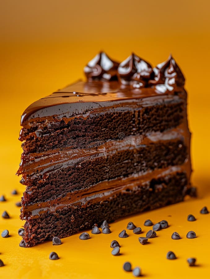 A Slice of Lush Chocolate Layer Cake with Chocolate Chips. Stock Photo ...