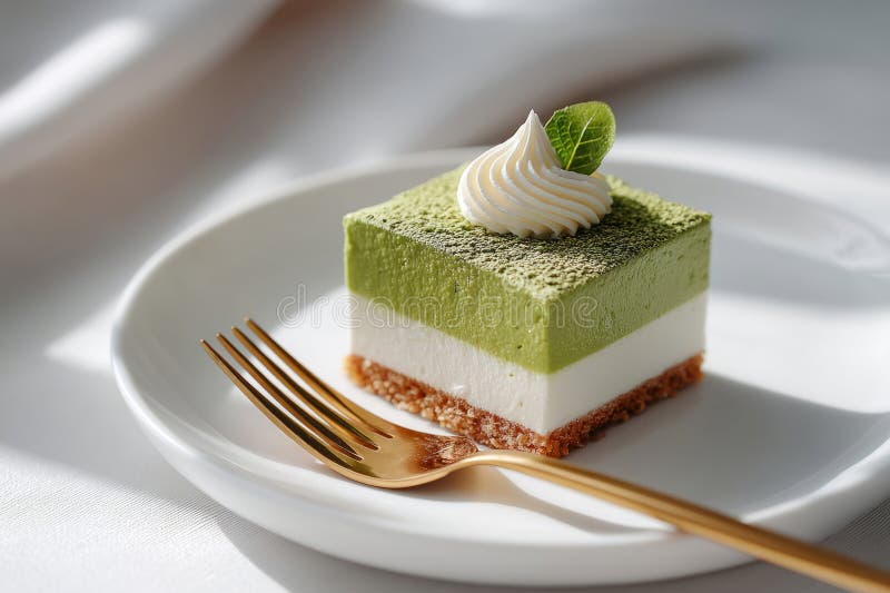 Slice of Matcha Mousse Cake with Golden Fork on White Plate Stock Photo ...