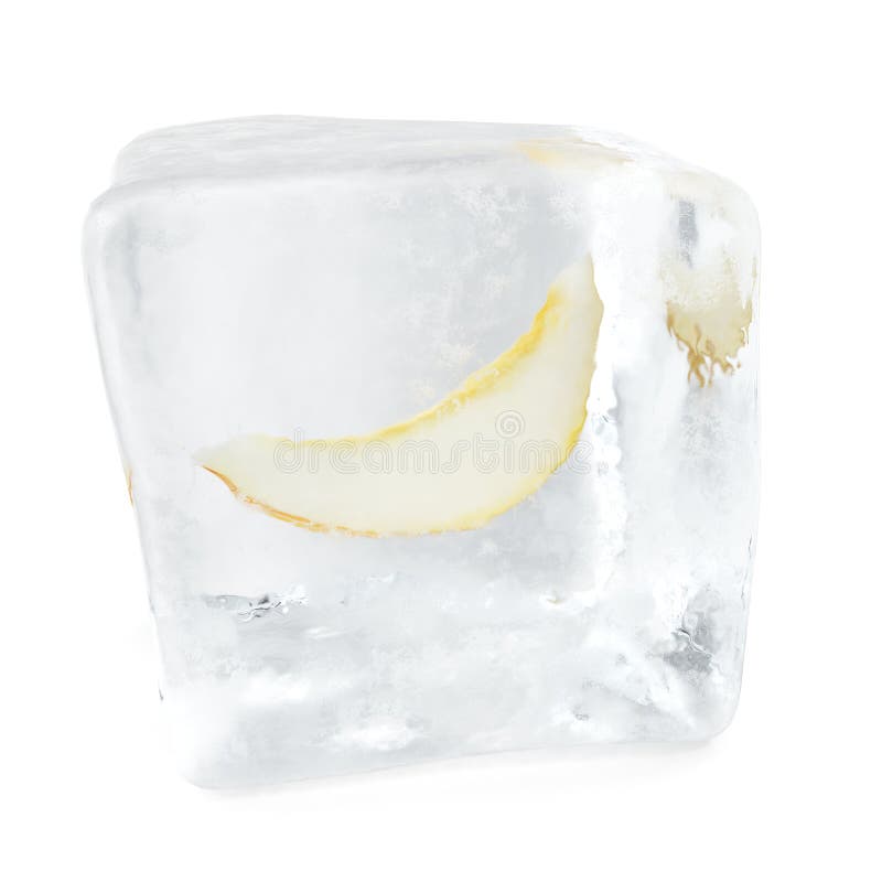 Slice Melon Frozen in Ice Cube, Ice Cube in Front View, Single Ice Cube ...