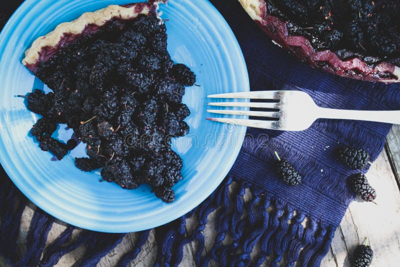 Slice of Mulberry Pie on a Blue Plate with a Fork Stock Photo - Image ...