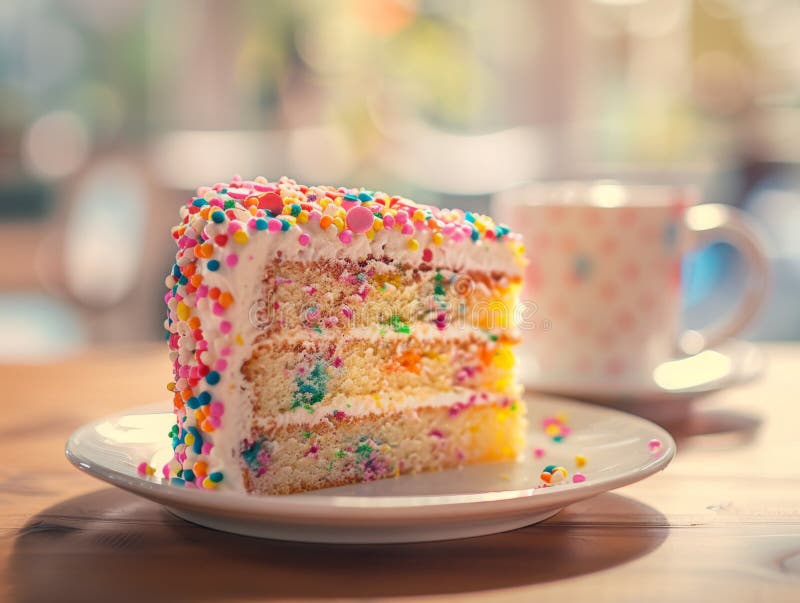 A Slice of Multi-layered Rainbow Sprinkle Cake on a White Plate Stock ...
