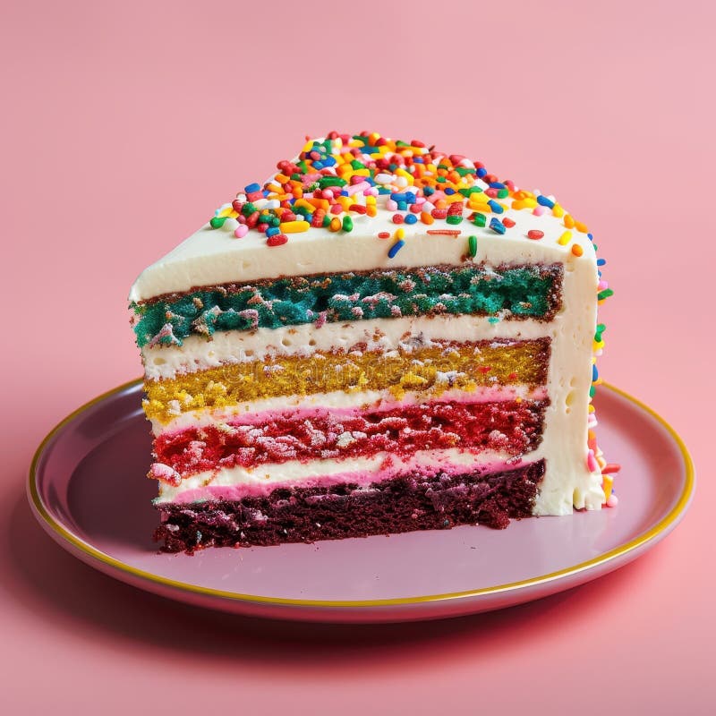 Scrumptious Multicolored Cake Slice with Rainbow Icing and Sprinkles ...