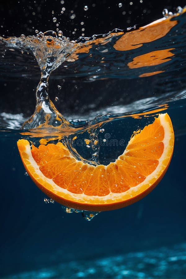 Slice of Orange Falling into the Water on a Dark Blue Background Stock ...
