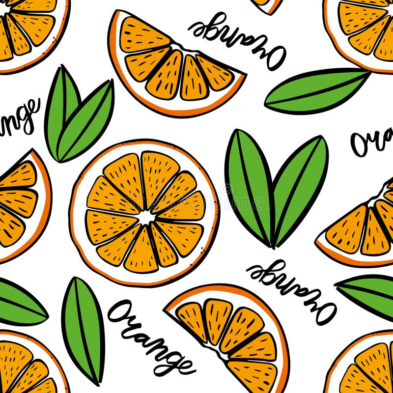 Slice of Oranges Hand Drawing on White Background Seamless Pattern ...