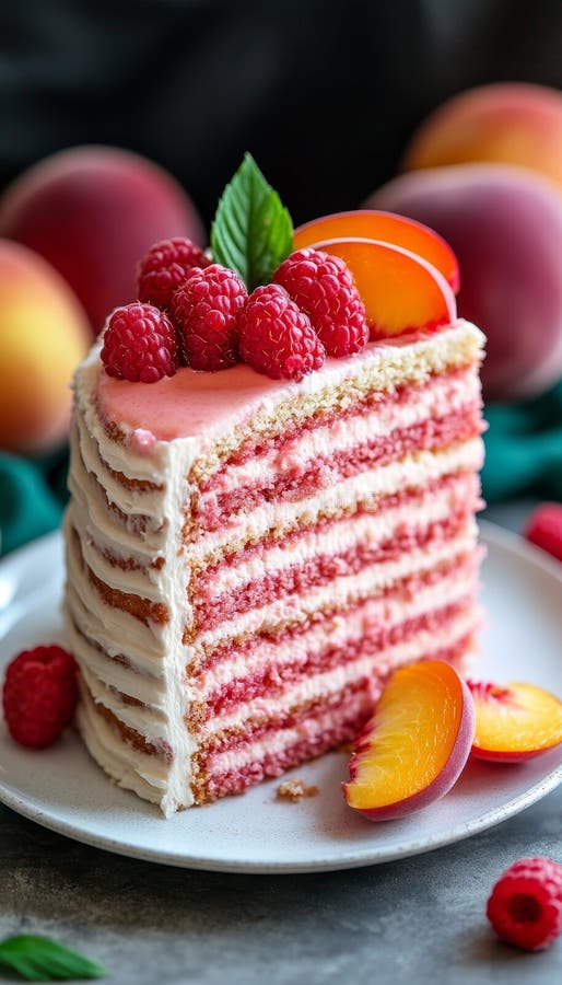 Slice of Peach Raspberry Layer Cake Decorated with Fresh Fruit and Mint, Tempting Summer Dessert ...