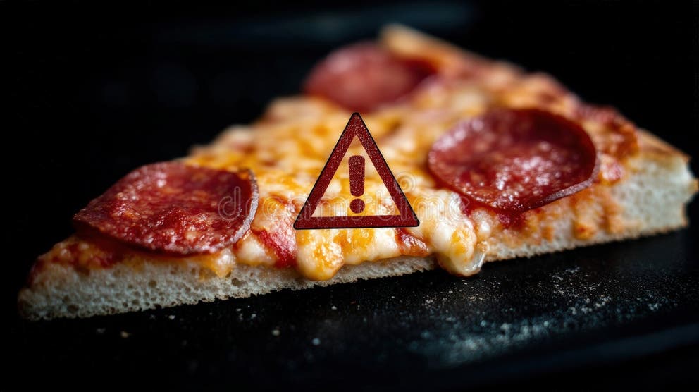 Slice of Pepperoni Pizza with Caution Symbol Highlighting Possible ...
