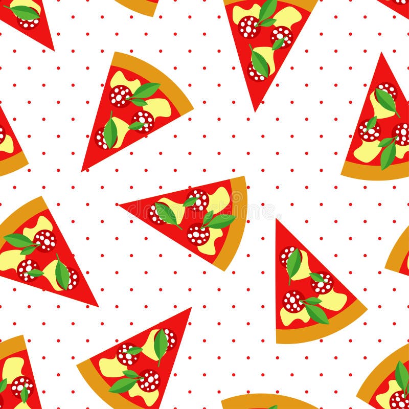 Slice of Pepperoni Pizza Seamless Pattern on Polka Dots Background ...
