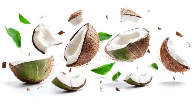 Slice and Pieces of Coconut on White Background with Leaves. Broken ...