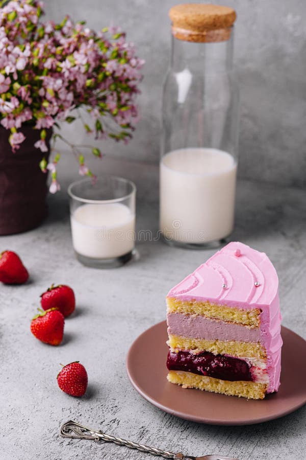 Slice of Pink Cake with Milk Stock Photo - Image of elegant, cake ...