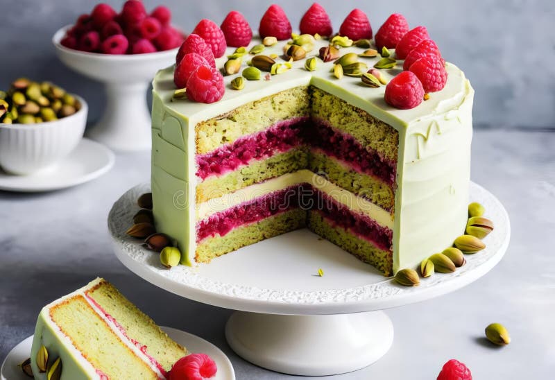 A Slice of Pistachio Raspberry Layer Cake with a Pink and Green Ombre ...