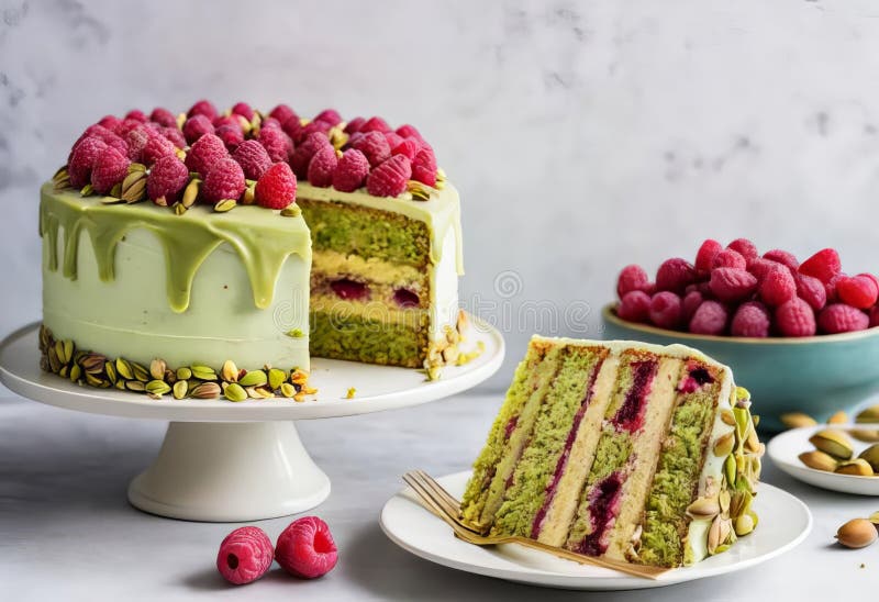 A Slice of Pistachio Raspberry Layer Cake with a Pink and Green Ombre ...