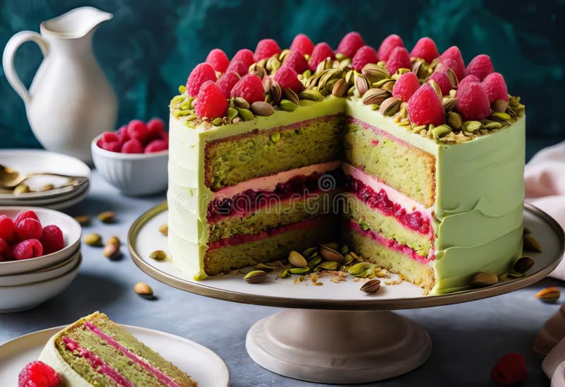 A Slice of Pistachio Raspberry Layer Cake with a Pink and Green Ombre ...