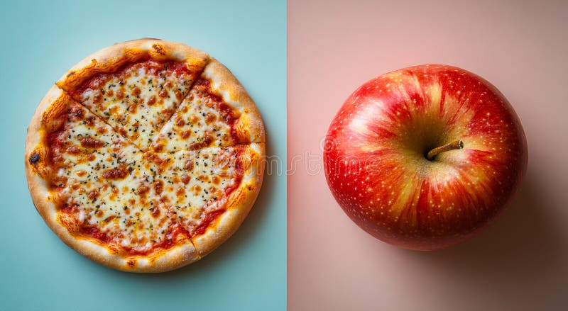 A Slice of Pizza and an Apple are Shown Side by Side Stock Photo ...