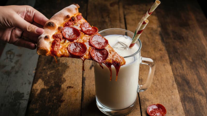 A Slice of Pizza Being Held Up To a Glass with Milk, AI Stock Image ...