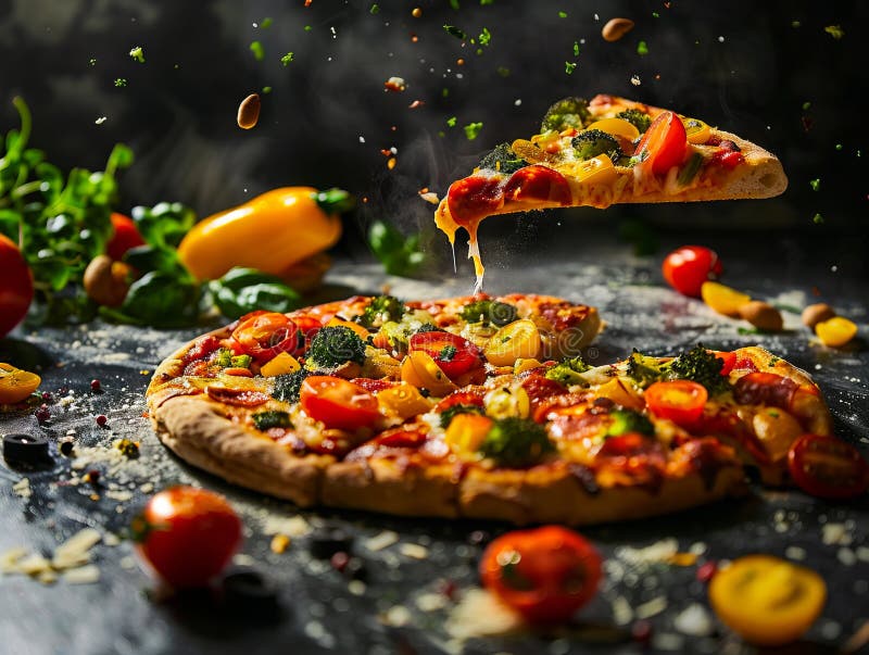 A Slice of Pizza Being Lifted Out of a Pizza with a Slice Missing Stock ...